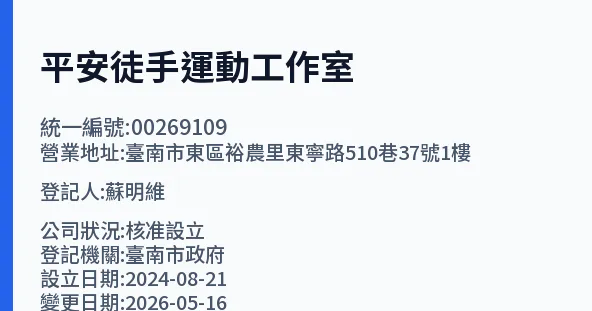 平安徒手運動工作室的照片-統編 00269109(臺南市) 公司登記資料與營業項目詳細圖表