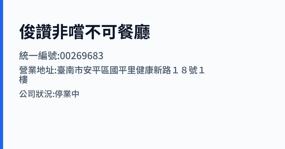 俊讚非嚐不可餐廳 - 統編 00269683(臺南市) 公司登記資料與營業項目詳細圖表