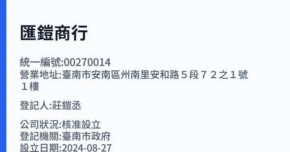 匯鎧商行的照片-統編 00270014(臺南市) 公司登記資料與營業項目詳細圖表