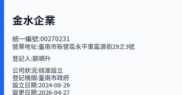 金水企業的照片-統編 00270231(臺南市) 公司登記資料與營業項目詳細圖表