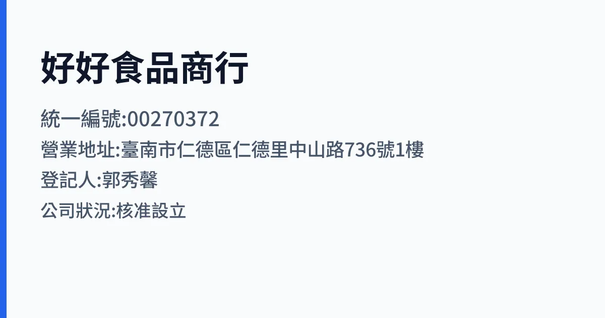 好好食品商行 - 統編 00270372(臺南市) 公司登記資料與營業項目詳細圖表