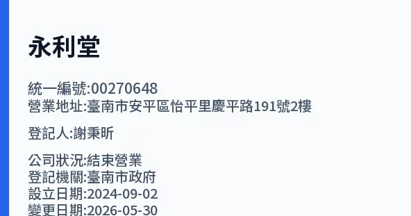 永利堂的照片-統編 00270648(臺南市) 公司登記資料與營業項目詳細圖表