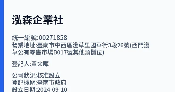 泓森企業社的照片-統編 00271858(臺南市) 公司登記資料與營業項目詳細圖表