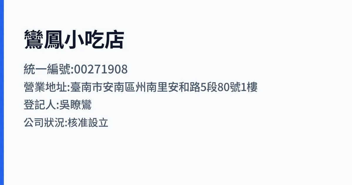 鸞鳳小吃店 - 統編 00271908(臺南市) 公司登記資料與營業項目詳細圖表
