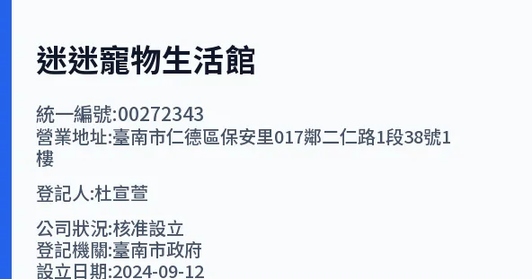 迷迷寵物生活館的照片-統編 00272343(臺南市) 公司登記資料與營業項目詳細圖表