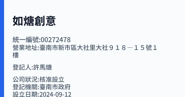 如煻創意的照片-統編 00272478(臺南市) 公司登記資料與營業項目詳細圖表