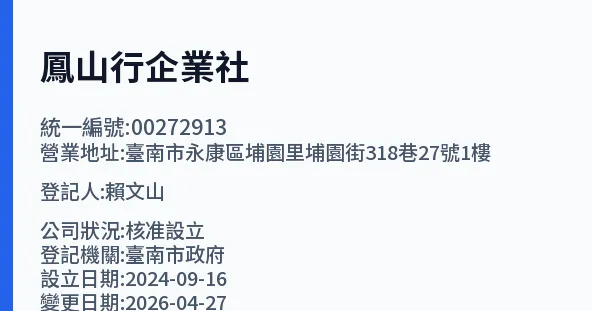 鳳山行企業社的照片-統編 00272913(臺南市) 公司登記資料與營業項目詳細圖表