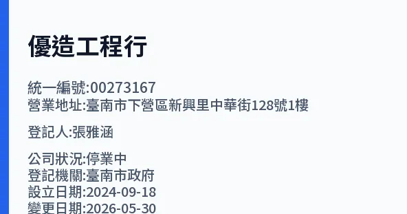 優造工程行的照片-統編 00273167(臺南市) 公司登記資料與營業項目詳細圖表