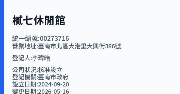 樲七休閒館的照片-統編 00273716(臺南市) 公司登記資料與營業項目詳細圖表