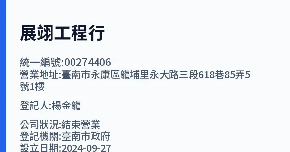 展翊工程行的照片-統編 00274406(臺南市) 公司登記資料與營業項目詳細圖表