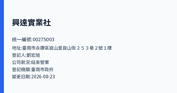 興達實業社的照片-統編 00275003(臺南市) 公司登記資料與營業項目詳細圖表