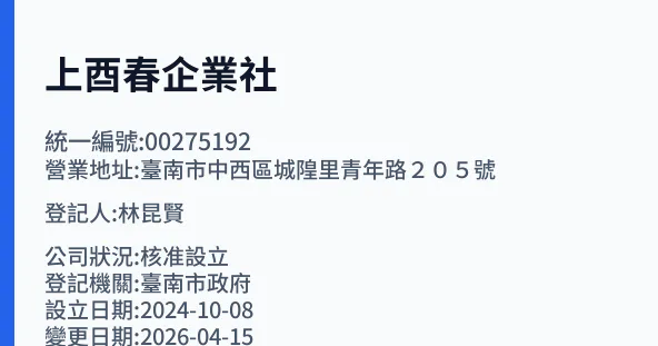 上酉春企業社的照片-統編 00275192(臺南市) 公司登記資料與營業項目詳細圖表