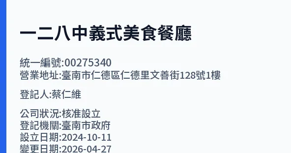 一二八中義式美食餐廳的照片-統編 00275340(臺南市) 公司登記資料與營業項目詳細圖表