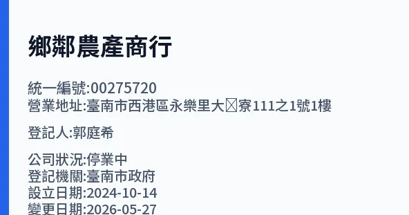 鄉鄰農產商行的照片-統編 00275720(臺南市) 公司登記資料與營業項目詳細圖表