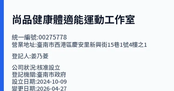 尚品健康體適能運動工作室的照片-統編 00275778(臺南市) 公司登記資料與營業項目詳細圖表