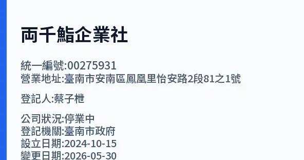 両千鮨企業社的照片-統編 00275931(臺南市) 公司登記資料與營業項目詳細圖表