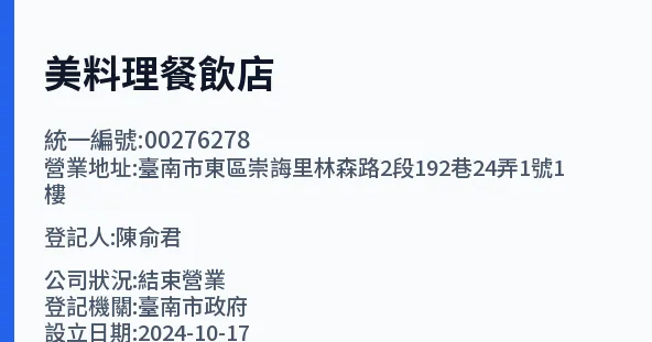 美料理餐飲店的照片-統編 00276278(臺南市) 公司登記資料與營業項目詳細圖表