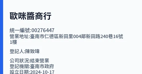 歐咪醬商行的照片-統編 00276447(臺南市) 公司登記資料與營業項目詳細圖表