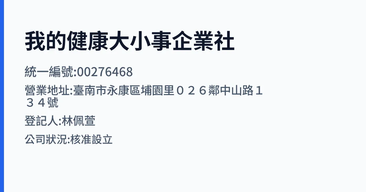 我的健康大小事企業社 - 統編 00276468(臺南市) 公司登記資料與營業項目詳細圖表