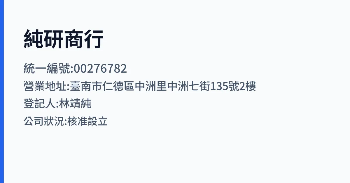 純研商行 - 統編 00276782(臺南市) 公司登記資料與營業項目詳細圖表