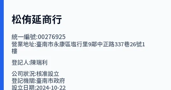 松侑延商行的照片-統編 00276925(臺南市) 公司登記資料與營業項目詳細圖表