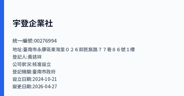 宇登企業社的照片-統編 00276994(臺南市) 公司登記資料與營業項目詳細圖表
