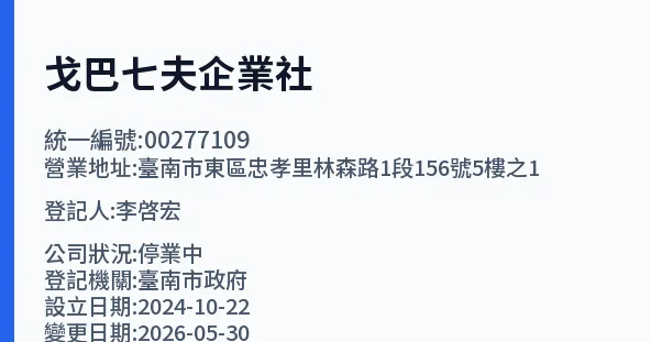 戈巴七夫企業社的照片-統編 00277109(臺南市) 公司登記資料與營業項目詳細圖表