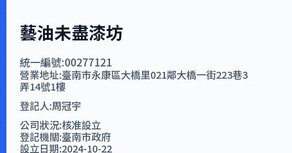 藝油未盡漆坊的照片-統編 00277121(臺南市) 公司登記資料與營業項目詳細圖表