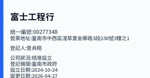 富士工程行的照片-統編 00277348(臺南市) 公司登記資料與營業項目詳細圖表