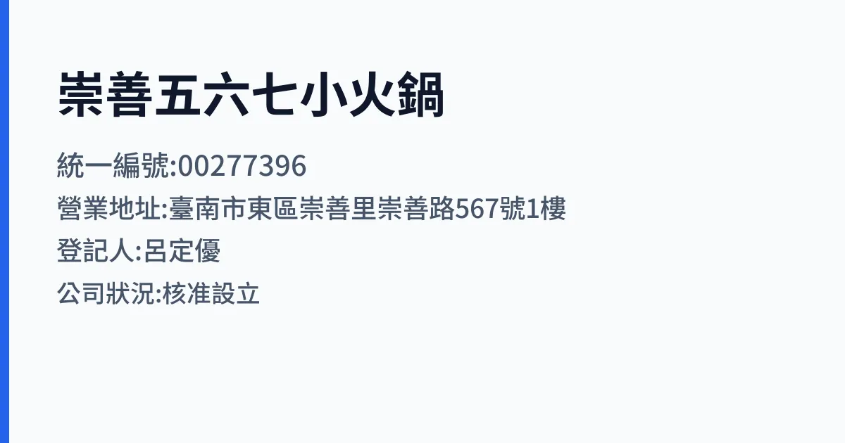 崇善五六七小火鍋 - 統編 00277396(臺南市) 公司登記資料與營業項目詳細圖表