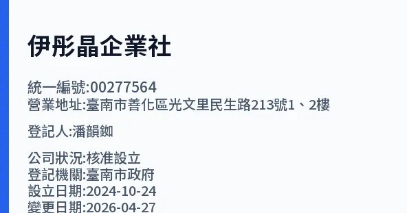 伊彤晶企業社的照片-統編 00277564(臺南市) 公司登記資料與營業項目詳細圖表