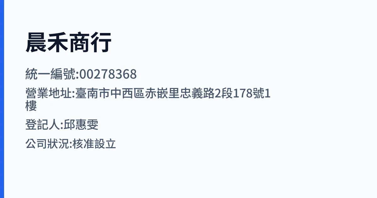 晨禾商行 - 統編 00278368（臺南市） 公司登記資料與營業項目詳細圖表
