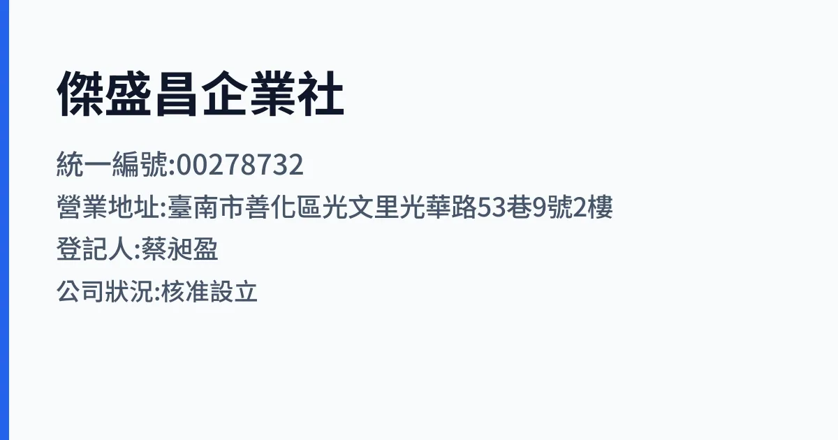 傑盛昌企業社 - 統編 00278732(臺南市) 公司登記資料與營業項目詳細圖表