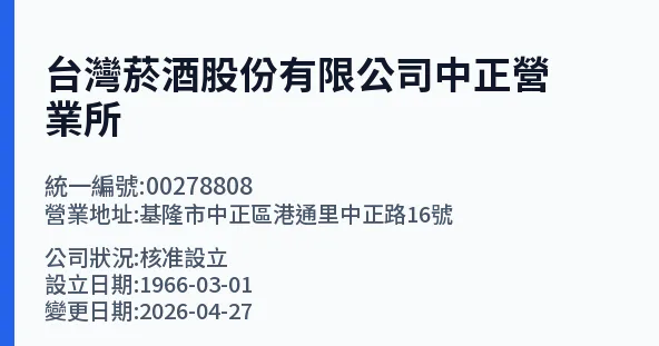 台灣菸酒股份有限公司中正營業所的照片-統編 00278808(基隆市) 公司登記資料與營業項目詳細圖表