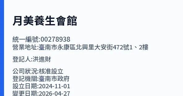 月美養生會館的照片-統編 00278938(臺南市) 公司登記資料與營業項目詳細圖表