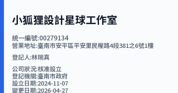 小狐狸設計星球工作室的照片-統編 00279134(臺南市) 公司登記資料與營業項目詳細圖表