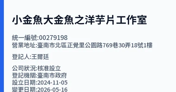 小金魚大金魚之洋芋片工作室的照片-統編 00279198(臺南市) 公司登記資料與營業項目詳細圖表