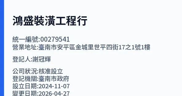 鴻盛裝潢工程行的照片-統編 00279541(臺南市) 公司登記資料與營業項目詳細圖表