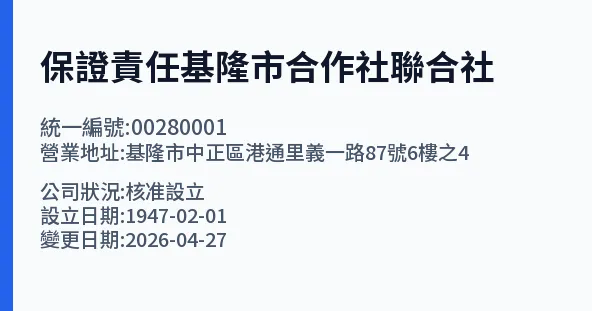 保證責任基隆市合作社聯合社的照片-統編 00280001(基隆市) 公司登記資料與營業項目詳細圖表