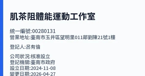 肌茶阻體能運動工作室的照片-統編 00280131(臺南市) 公司登記資料與營業項目詳細圖表
