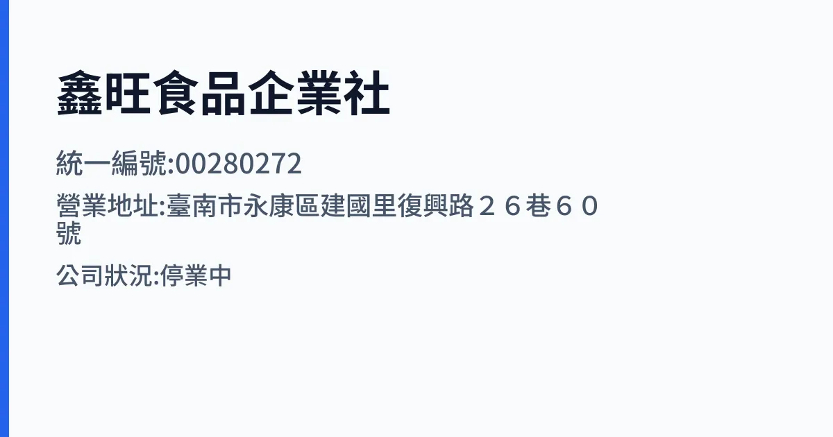 鑫旺食品企業社 - 統編 00280272(臺南市) 公司登記資料與營業項目詳細圖表