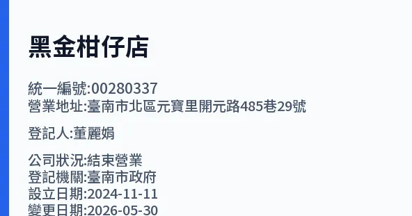 黑金柑仔店的照片-統編 00280337(臺南市) 公司登記資料與營業項目詳細圖表