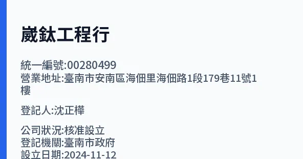 崴鈦工程行的照片-統編 00280499(臺南市) 公司登記資料與營業項目詳細圖表