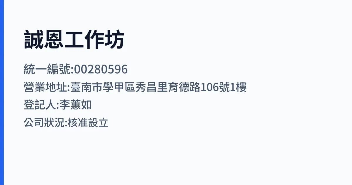 誠恩工作坊 - 統編 00280596(臺南市) 公司登記資料與營業項目詳細圖表