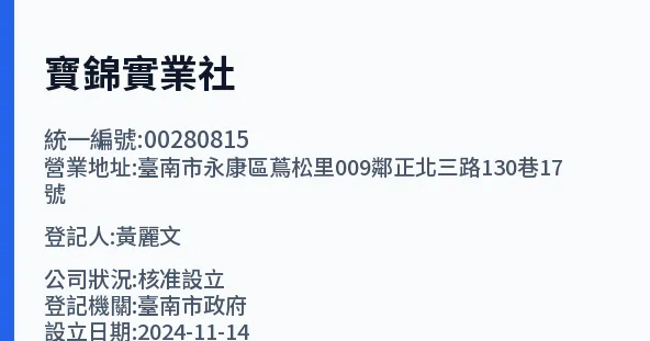寶錦實業社的照片-統編 00280815(臺南市) 公司登記資料與營業項目詳細圖表