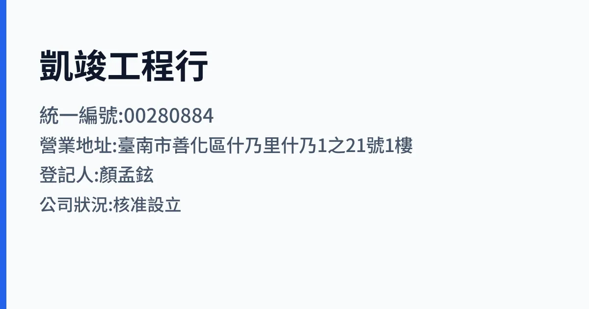 凱竣工程行 - 統編 00280884（臺南市） 公司登記資料與營業項目詳細圖表