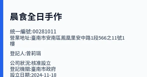晨食全日手作的照片-統編 00281011(臺南市) 公司登記資料與營業項目詳細圖表