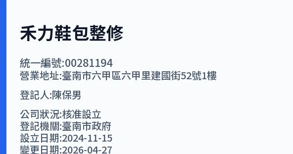 禾力鞋包整修的照片-統編 00281194(臺南市) 公司登記資料與營業項目詳細圖表