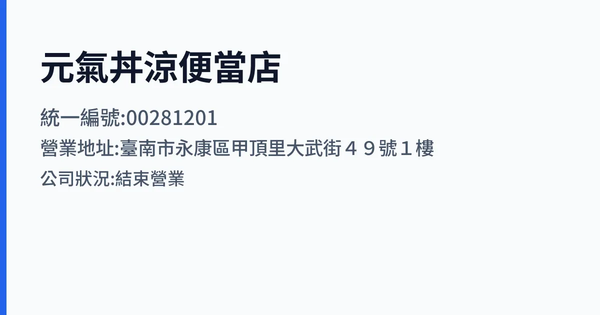 元氣丼涼便當店 - 統編 00281201(臺南市) 公司登記資料與營業項目詳細圖表