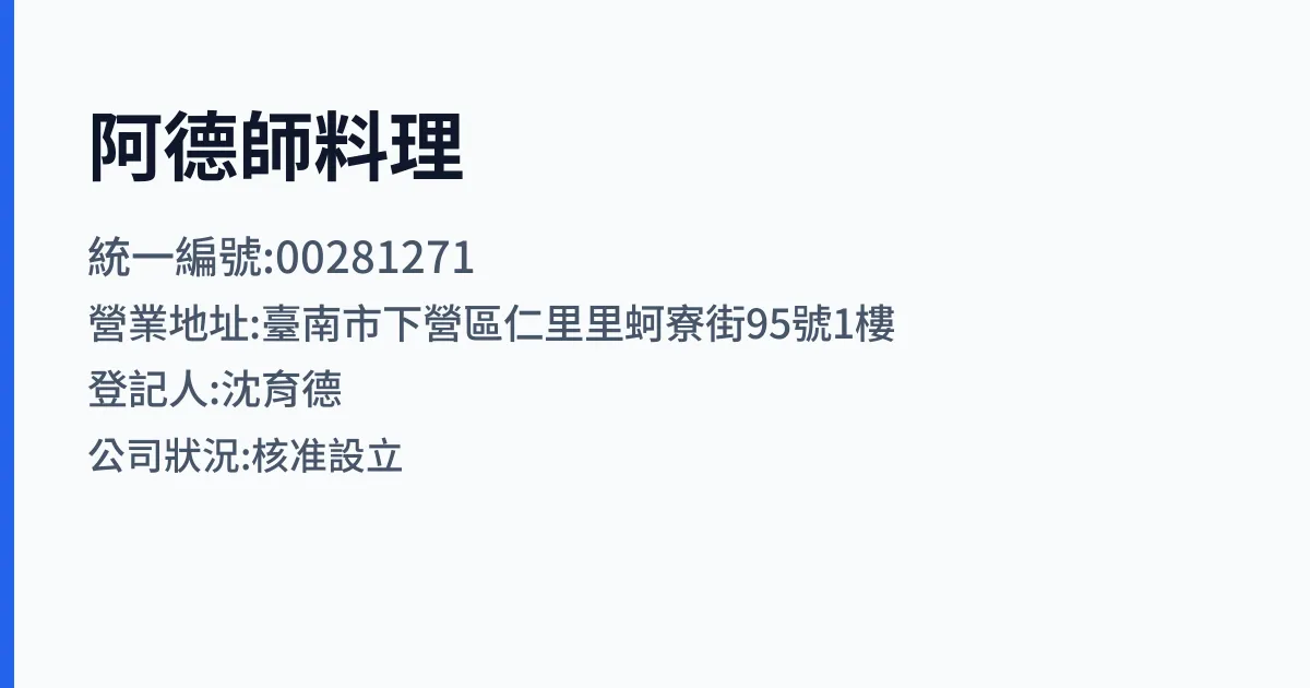 阿德師料理 - 統編 00281271(臺南市) 公司登記資料與營業項目詳細圖表